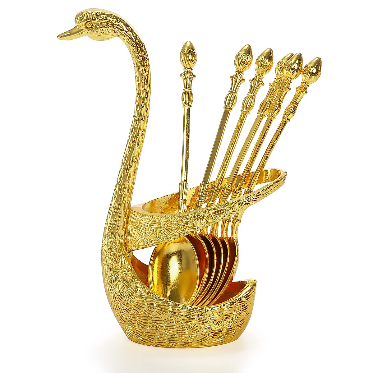 Pumtus 14 Pack Swan Base Holder with Coffee Spoon Forks, Gold Creative Dessert Flatware Set, Decorative Party Golden Serving Teaspoons for Stirring, Mixing, Sugar, Ice Cream, Fruit, 6 Spoons, 6 Forks