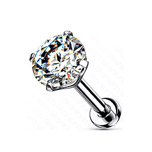 Amelia Fashion Implant Grade Titanium Threadless Push in Labret, Flat Back Studs with CZ Prong Set Top for Cartilage, Monroe, Nose and More (Choose Size) (16GA (1.2mm) L.1/4" (6mm) Ball: 3mm)