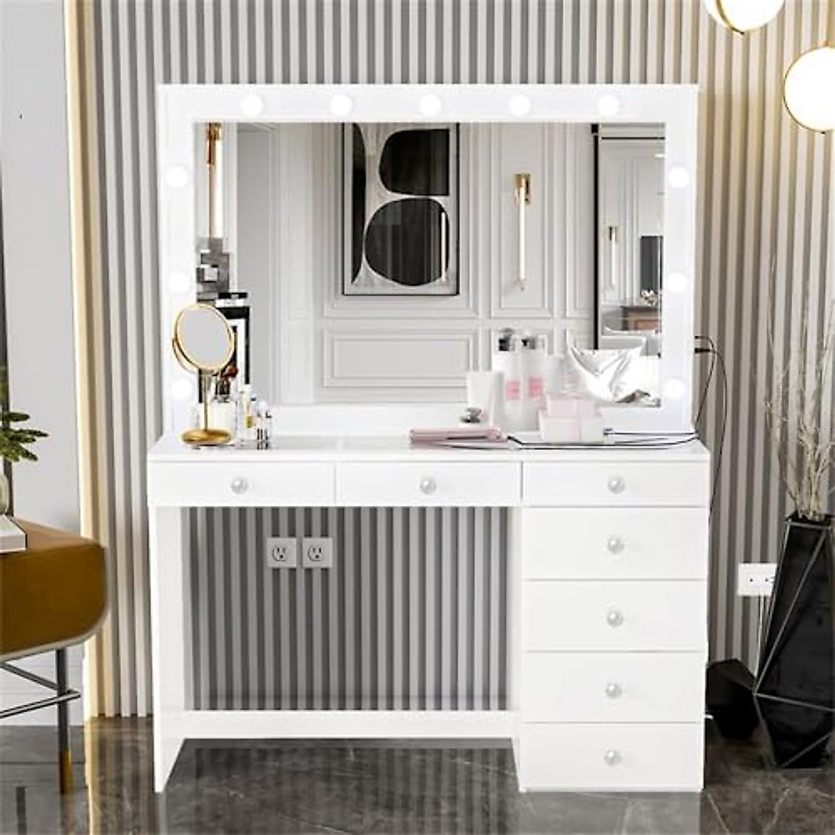 Boahaus Serena LARGE Makeup Vanity with Hollywood Lights Built-in, 7 Drawers, Hollywood Mirror, Hairdryer Hanger, Glass Top, Crystal Ball Knobs, White Vanity Makeup Desk for Bedroom, 58''Hx47''Wx17''D