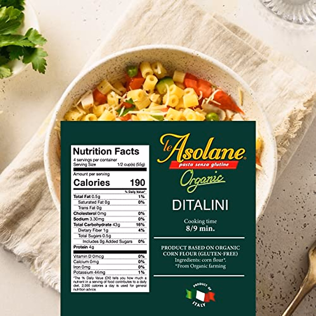Le Asolane Certified Organic Gluten Free Ditalini Pasta | Authentic Imported Italian Gourmet Pasta from Select Premium Grade Corn Flour | 8.8 oz packages (Pack of 1)