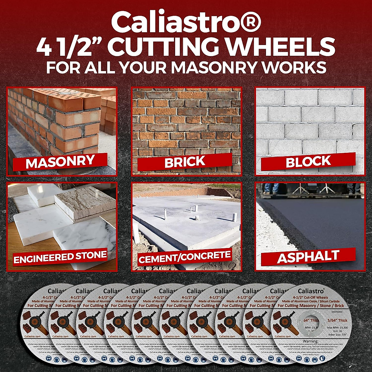 10 Pack – 4 1/2 Cut Off Wheel Concrete Grinding Wheel for Cutting Masonry Stone Brick Block - Compatible with All 4 1/2 inch Angle Grinder - Caliastro