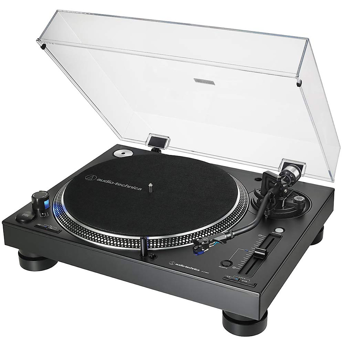Audio-Technica Direct-Drive Professional DJ Turntable Black (AT-LP140XP-BK) with Essentials Bundle Includes Protective Turntable Platter and Vinyl Record Cleaning System
