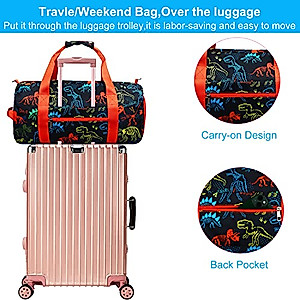 Gym Travel Duffle Bag for Boys - Gymnastics Sports Dance Bag with Shoe Compartment & Wet Pocket Binosaur Kids Travel Bag Teens Weekender Sleepover Carry On Bag