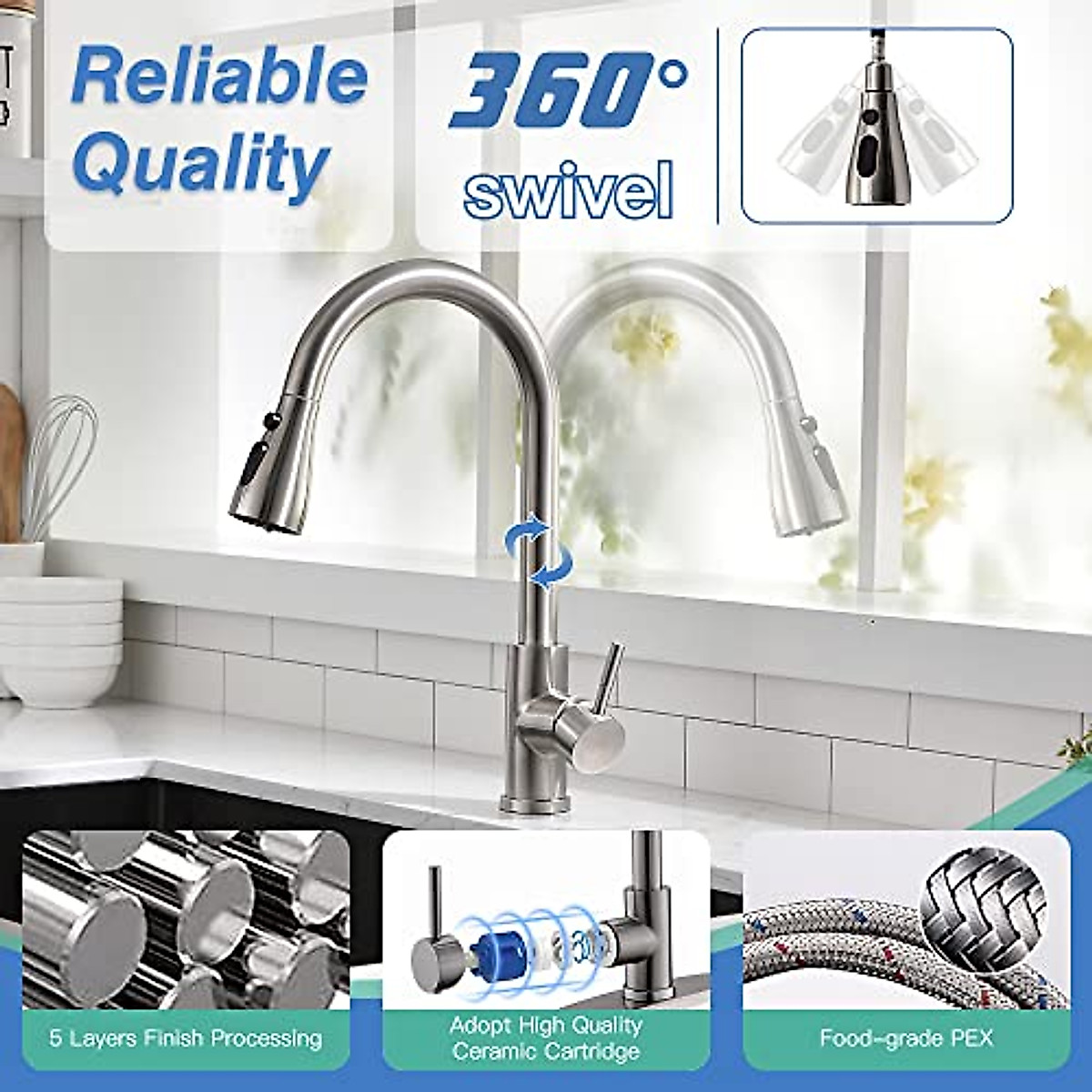 Kitchen Faucet with Pull Down Sprayer, High Arc Single Handle Single Hole Stainless Steel Kitchen Sink Faucet with 3 Functions Sprayer for Commercial Modern RV, Brushed Nickel