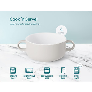 Kook Soup Crocks, Ceramic Bowls, Broil, Oven, Microwave and Dishwasher Safe, with Handles, For Casserole, Pasta, Cereal, 18 oz, Set of 4 (Coconut White)