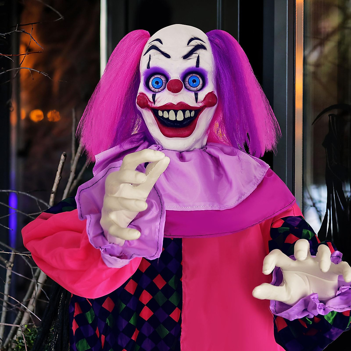 64" Halloween Clown Animatronics with Flashing Red Eyes & Moving Arm, Talking Life-Size Clown Halloween Decorations for Haunted House Outdoor Decorations (Touch and Sound Activated)