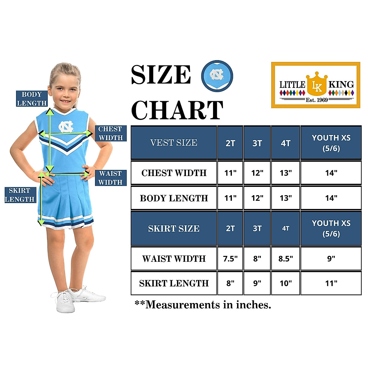 Little King NCAA Toddler/Youth Girls Team 2 Piece Cheer Dress-North Carolina Tar Heels-3T