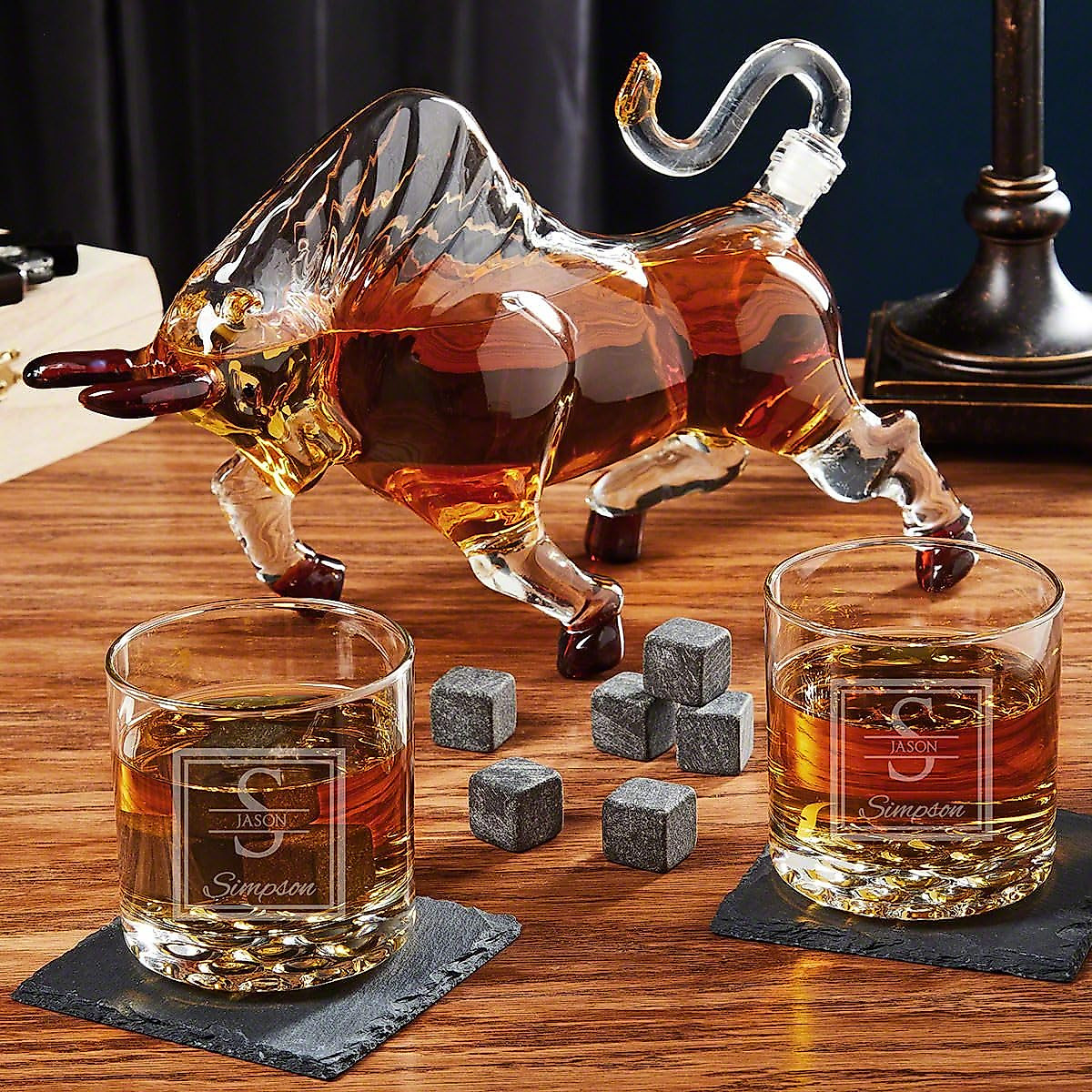 El Matador Bull Whiskey Decanter Set With Custom Buckman Glasses (Personalized Gift)