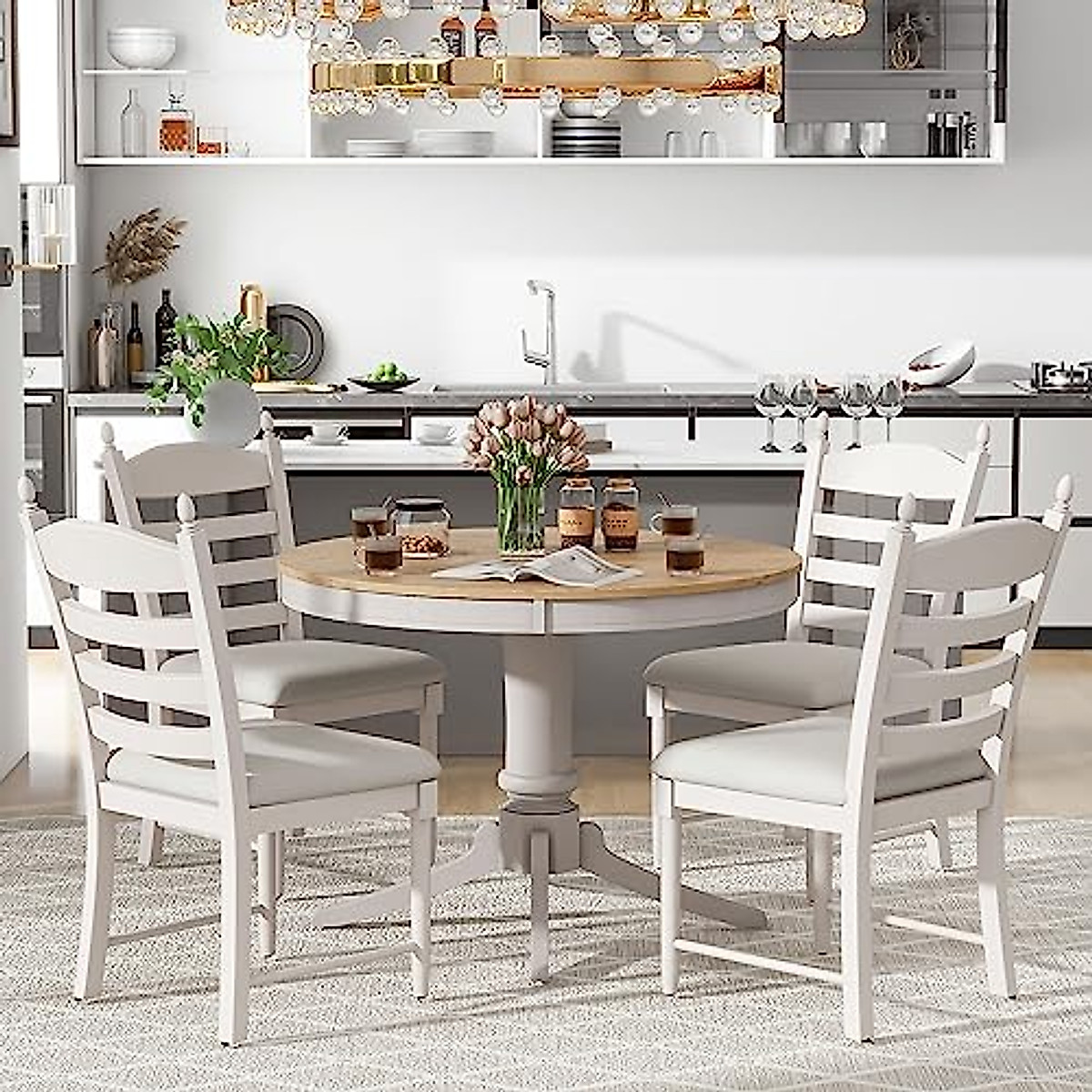 KoiHome 5-Piece Retro Functional 42"-58" Wood Round Extendable 4 Upholstered Chairs, Set of 5, Family Dining Table Set for Restaurant, Kitchen (Off White)