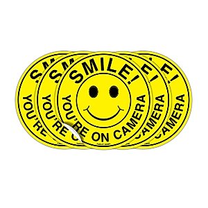 (Set of 5) Smile You're On Camera Sign - 4.5" Circle - 4 Mil Vinyl - Laminated for Ultimate Protection & Durability - Self Adhesive Decal - UV Protected & Weatherproof - Heavy Duty