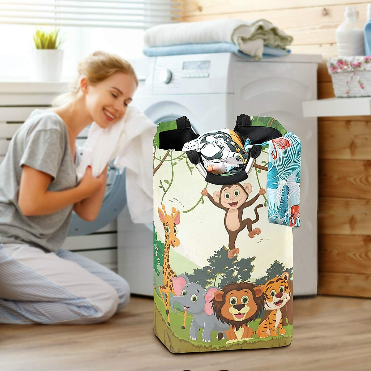 senya Jungle Animals Large Storage Basket with Handles Collapsible Organizer Bin Laundry Hamper for Nursery Clothes Toys