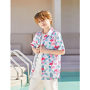 Boys Tropical Hawaiian Shirt Novelty Red Flamingo Animal Graphics Luau Shirts for Kids Button Down Short Sleeve Collar Tshirts Youth Fancy Green Leave Tops 9-10 Years Old Child Plaid Casual, Size 9-10