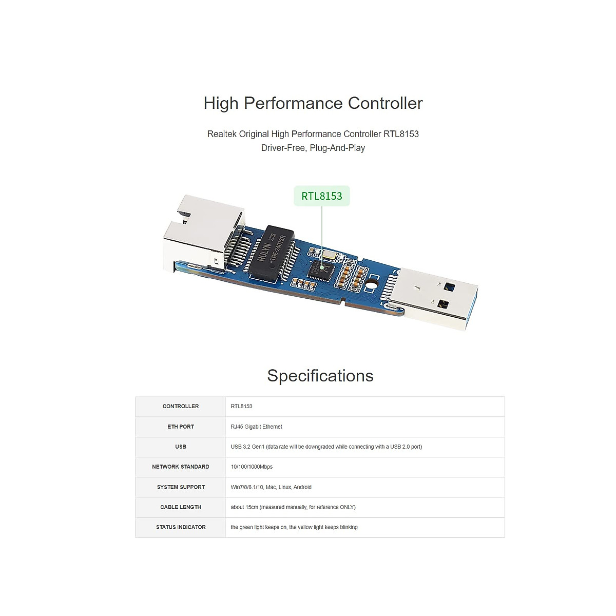 waveshare USB 3.2 Gen1 to Gigabit Ethernet Converter,USB 3.2 to Ethernet Internet Adapter 10/100/1000Mbps Network Compatible with Raspberry Pi CM4,Jetson Nano,PC,Win7/8/8.1/10, Mac, Linux,Android