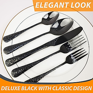 Runfly Vintage Carved LASER-ETCHED Floral Black Silverware Set for 4, Stainless Steel 20-Piece Flatware Set with KnifeForkSpoon, Cutlery Set for Home