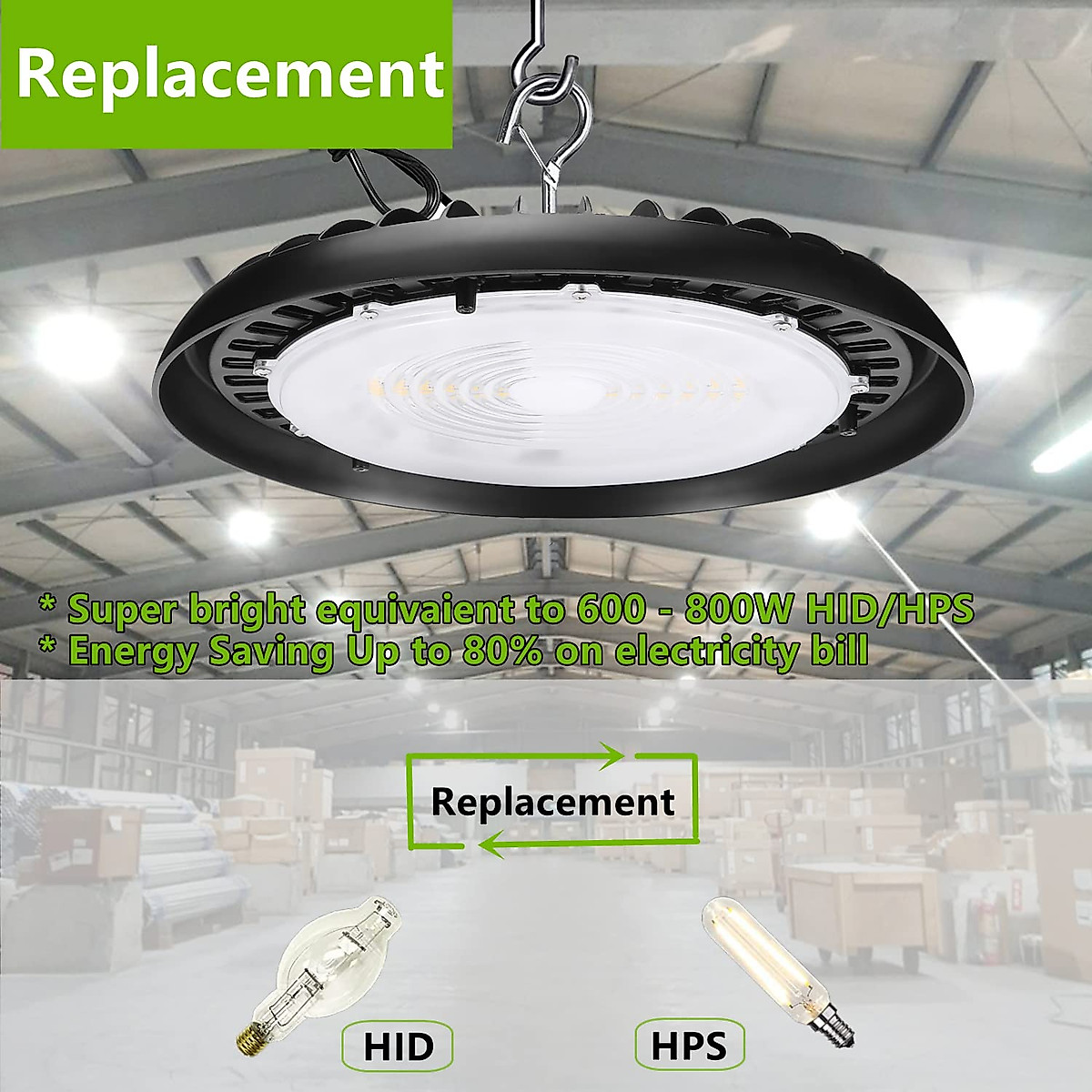 2 Pack LED High Bay Light with US Plug 6FT Cable, 120V 200W 26000LM 5000K Daylight, 800W-1000W HID/HPS Equivalent, UL IP65 Commercial Warehouse Lighting for Workshop,Garage, Gym,Factory, Non-Dim