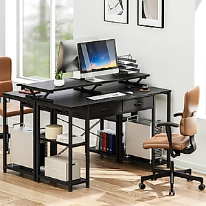 GIKPAL Computer Desk with Drawers, 47 inch Gaming Desk with Storage and Shelves, Home Office Desks with Power Strip, Black Wooden Desk