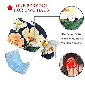 Mersov Watercolor Flowers Scrub Hats for Women Long Hair, Working Cap with Button & Sweatband, Unisex Tie Back 2 Packs, Multicoloured 5, Medium-3X-Large