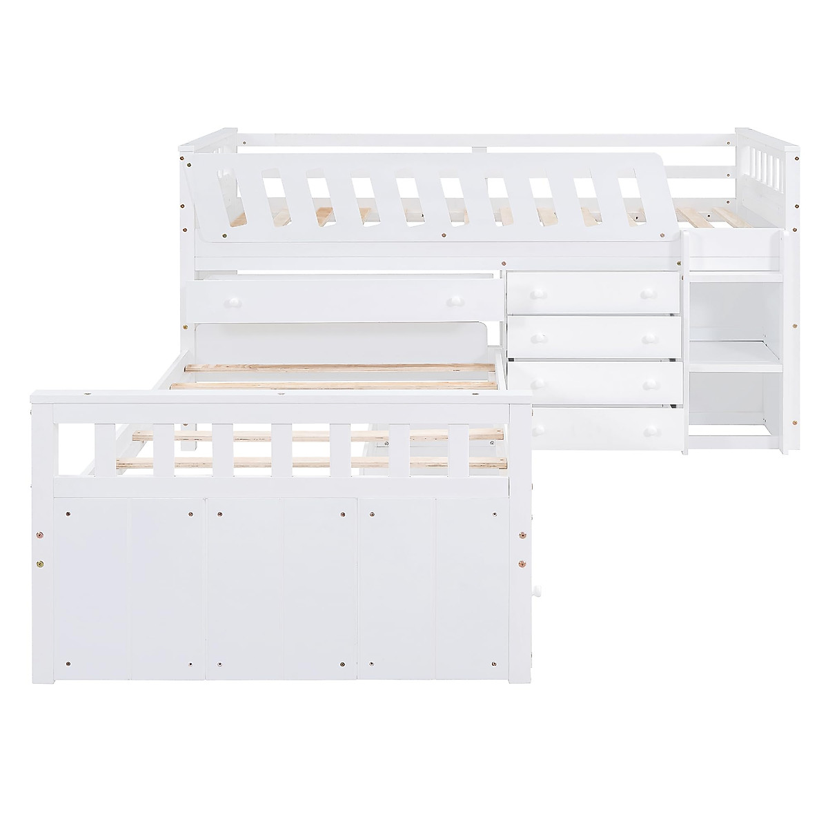 Merax L-Shaped Space-Saving Twin Loft and Platform Bed with 7 Drawers and Full Guardrails, Wooden Bedframe for Boys Girls Adult, No Spring Box Needed, White