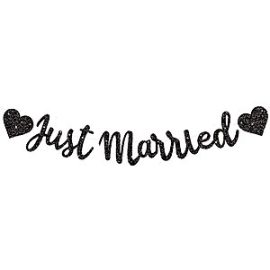 BEISHIDA Black Just Married Banner - NO DIY, Glitter Wedding Party Banner,Just Married Signs, Bachelorette/Bridal Garland,Engagement Party Decor Supplies, Wedding Reception Party Decorations.