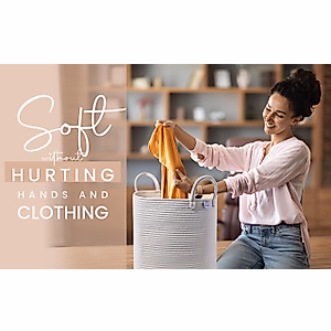 Woven Cotton Rope Basket Laundry Hamper with Dust Cover, Multi-Functional Storage for Clothes, Blankets, Toys, for Nursery, Bathroom, Bedroom, Dorms - Collapsible, Large, 14”x14”x17”, White