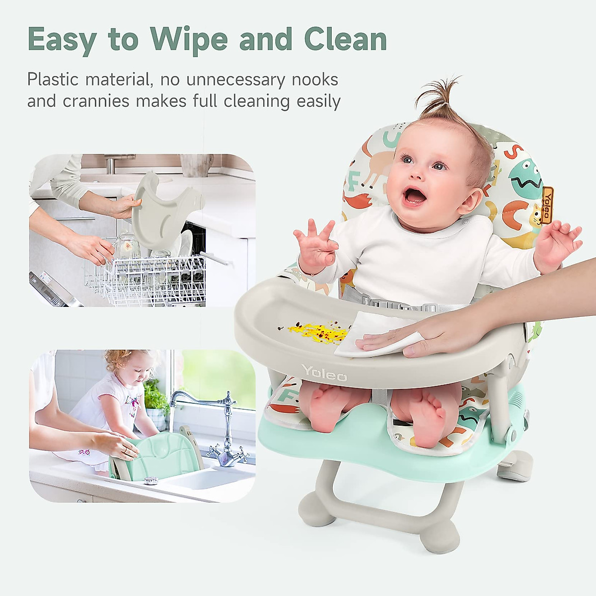 YOLEO Baby High Chair Booster Seat for Dining Table Height Adjustable Toddlers Chair Portable Foldable Highchair with Cushion & Tray Removable(Green)