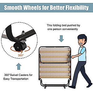 KOMFOTT Rollaway Bed with 4” Mattress, Folding Bed with Memory Foam Mattress for Adults, Portable Guest Bed with Sturdy Steel Frame, Made in Italy