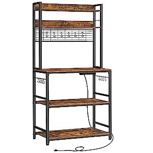VASAGLE Hutch Bakers Rack with Power Outlet, 14 Hooks Microwave Stand, Adjustable Coffee Bar with Metal Wire Panel, Kitchen Storage Shelf, 15.7 x 31.5 x 66.9 Inches, Rustic Brown and Black UKKS025B01