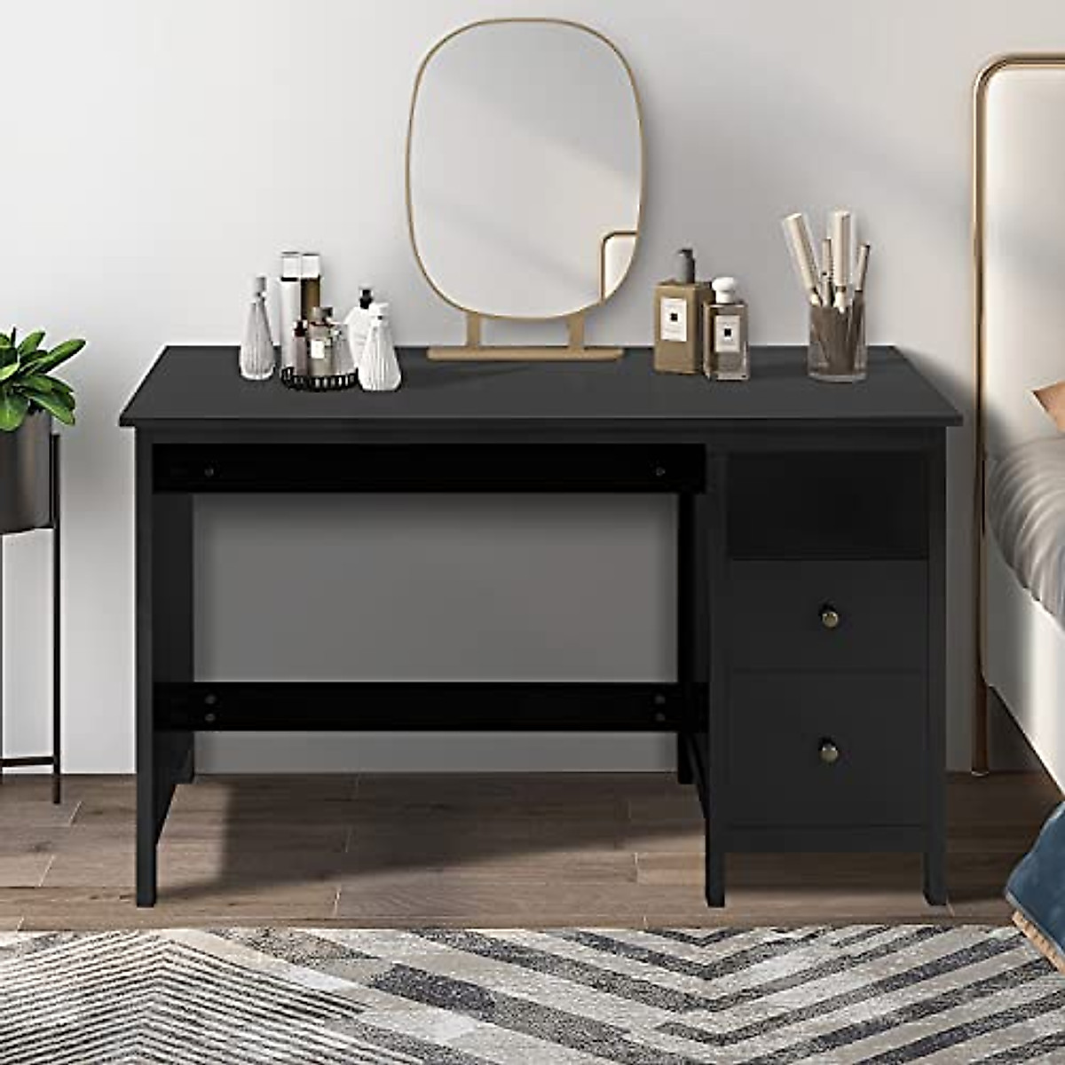 Vikiullf Writing Desk with Storage Cabinet - 47.2” Black Modern Wood Home Office Computer Desk with 2 File Drawers & Open Shelf Study Table for Teens