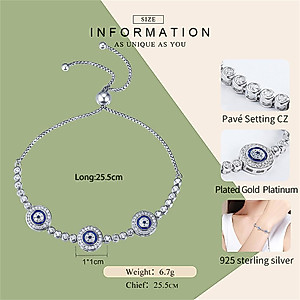 BISAER Blue Evil Eyes Tennis Bracelet 925 Sterling Silver Luck Bracelet with Cubic Zirconia Chain Adjustable for Women