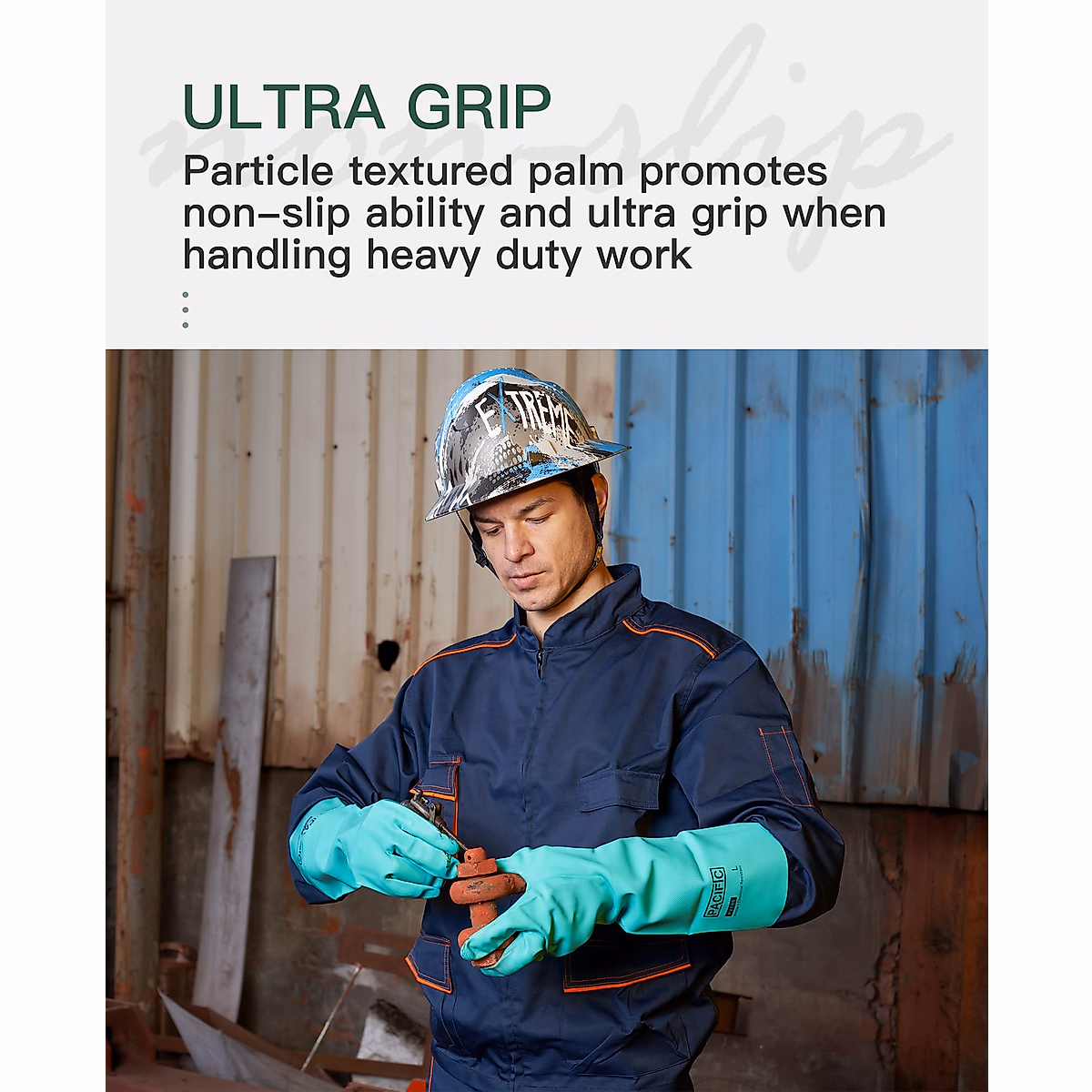 PACIFIC PPE 2 Pairs Nitrile Chemical Resistant Gloves, Flocked, Resist Strong Acid, Alkali, 15 mil, 12.6", Large