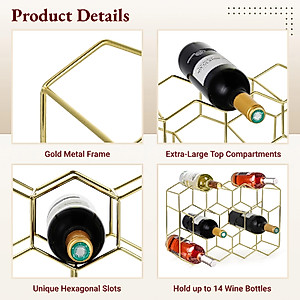 IKITEE Countertop Wine Rack, 14 Bottles Tabletop Wine Holder - No Assembly Required, 3 Tier Freestanding Gold Wine Bottle Organizer, Wine Storage Holder for Kitchen Cabinet Pantry Bar