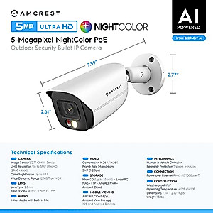 Amcrest 5MP IP PoE AI Camera w/ 49ft Color Night Vision, Security Outdoor Bullet Camera, Built-in Microphone, Human & Vehicle Detection, Active Deterrent, 129° FOV, 5MP@20fps IP5M-B1276EW-AI (White)