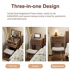 KASLANDI Solid Wood Vanity Desk with Flip Top Mirror & Lights, Small Makeup Vanity with Drawers, 3 Lighting Modes Adjustable Brightness, Vanity Table for Bedroom & Living Room (Walnut)