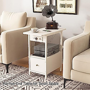 LIDYUK End Table with Charging Station, Narrow Side Table with Drawer and USB Ports & Power Outlets, Nightstand Bedside Tables for Small Spaces, Bedroom, Living Room, White