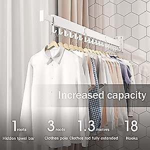 Clothes Drying Rack,Laundry Drying Rack,Laundry Room Organization,Clothes Rack Wall Mount,Wall Mounted Laundry Rack Folding,Retractable Clothing Rack,Collapsible Clothes Hanging Rack(Hooks,White)