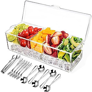 [Stainless Steel] 5 Spoons, 5 Forks and 1 Clip, Condiment Tray, Condiment Server, Caddy, Bar Garnish Holder on ice,Bar Accessories Fruit and Salad with Removable Trays with lid