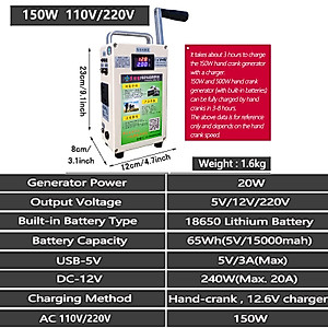 GEHPYYDS 150W/500W Crank Generator, Camping Hand Crank Generator for Mobile Phone, Portable Power Station with 110V/220V Outlets DC12V USB5V Emergency Power Supply,150W-220V