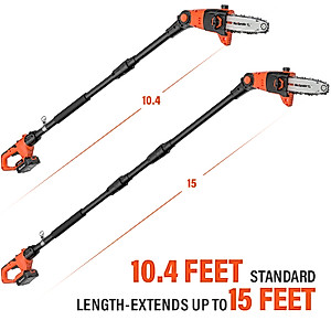 Pole Saw 8-Inch Cordless Pole Saws for Tree Trimming and 18-Inch Pole Hedge Trimmer 2-in-1, 15-Feet MAX Reach, 16ft/s Speed, Auto Oiling Pole Chainsaw with 20V 2.0Ah Battery & Charger