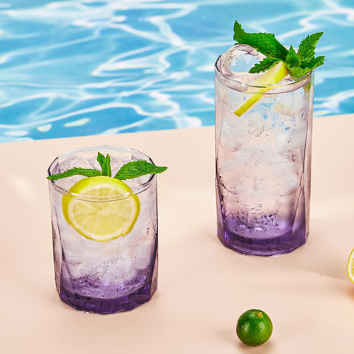 CREATIVELAND Geometric Shapes Glass Drinking Glasses Set of 6, 13.5 OZ Solid Purple Color Glass Tumbler Glassware for Water, Juice, Different Options for Home, Restaurant, Hotel, Bar