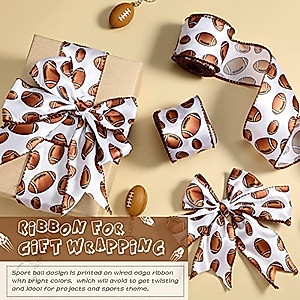 Football Wired Ribbon 2 Rolls 20 Yards Football Printed Wired Ribbon 2 Inches Wide Football Ribbon Football Wired Edge Ribbon for DIY Crafts Wreath Bow Package Wrapping Supplies, White Brown Black