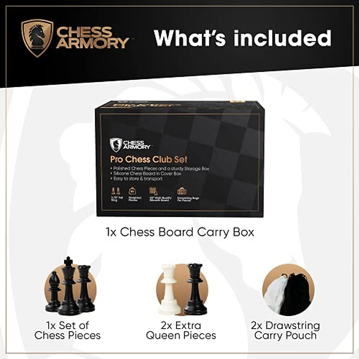 Chess Armory Deluxe Large Triple Weighted Tournament Chess Set with a Silicone 20" Chess Board - Felted Weighted Chess Pieces, 2 Extra Queens and 3.75" King
