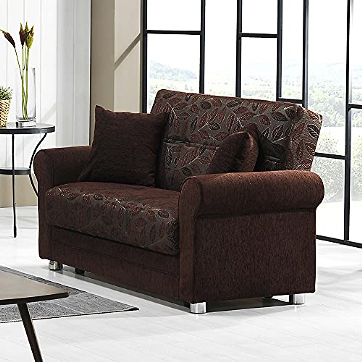 Sweet Home Stores LEA Collection 61" Loveseat with Storage, Firm, Fabric, 2 Seater, Convertible Small Sleeper Couch Bed for Living Room or Home Office, Dark Brown