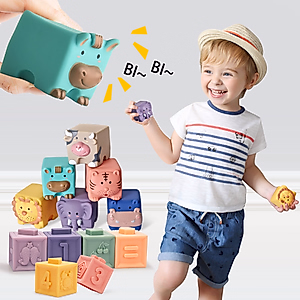 QLOTS Baby Blocks, Baby Toys 12PCS Soft Stacking Building Blocks Infant Bath Toys for Toddler 12 Month 1 2 Years Old Boys&Girls Gift Safe Teething Squeeze Sensory Toys with Suction Cup Storage Bag