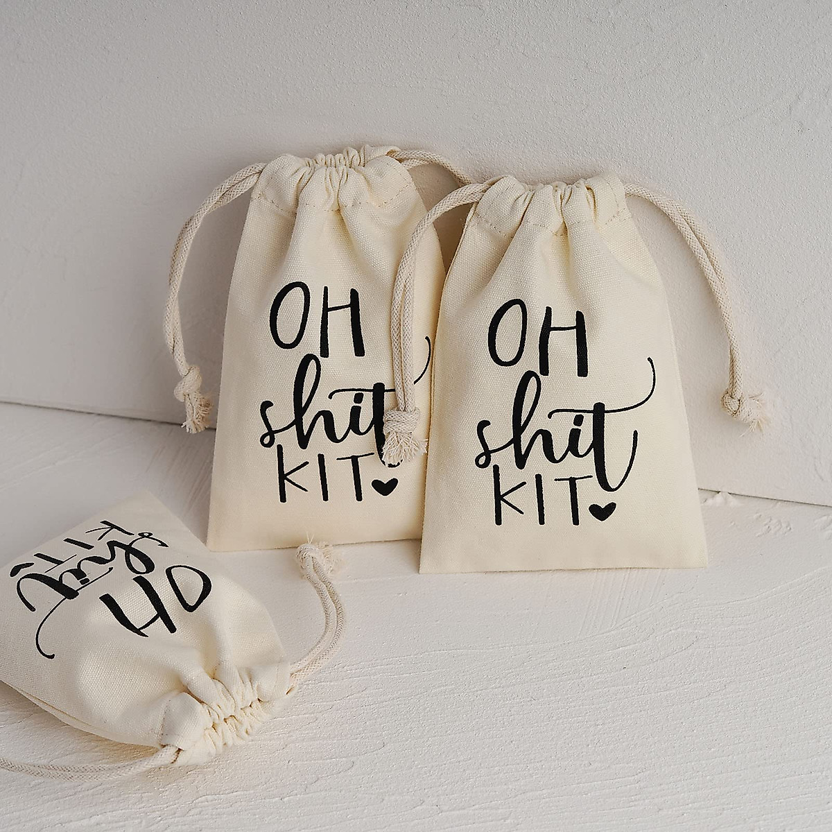 PandaSew Oh Kit Bags Party Favor Bags for Bachelorette Survival Jewelry Bag Luxury Beige Cotton Canvas Drawstring Bag for gift (20pcs 4x6 inch)