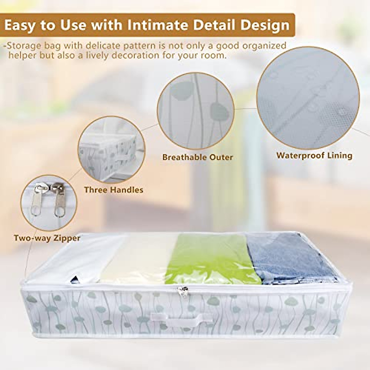 KANCNT Underbed Storage Bag with Clear Window, Clothes Organizers with 3 Reinforced handles,Foldable Storage Containers for Shoes,Clothes,Blanket,Bedding,Toys(2 Pack)