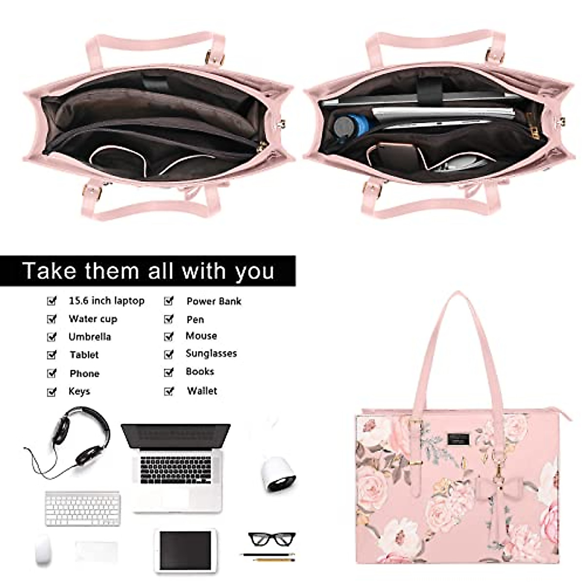 MOSISO Laptop Tote Bag Compatible with MacBook Air 15 inch M2 A2941/Pro 16 M3 M2 M1, 15-15.6 inch Notebook, Peony PU Leather Travel Work Briefcase with Detachable Bowknot & Small Purse, Pink