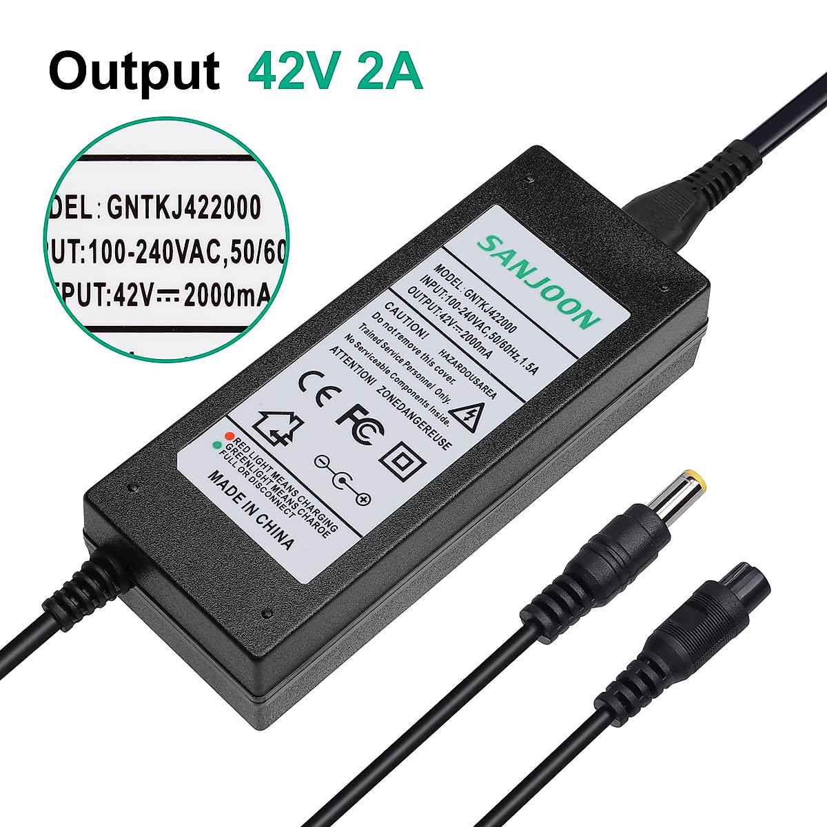 42V 2A Charger with 5.5mm Single Prong DC Plug and 8mm Triple Prong Connector, Two Plugs, Universal Replacement of 36V Lithium Battery