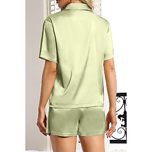 CHYRII Women's Silk Satin Pajamas Sets Tie Front Short Sleeve Tops and Shorts Two Piece Pj Sets Sleepwear Mint Green S