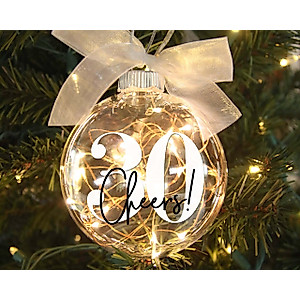 30th Birthday Lighted Christmas Ornament, Cheers to 30 Years Gift for Him & Her, Turning Thirty Years, Transparent Disc-Shaped Bauble with LED Fairy Lights, Battery Operated