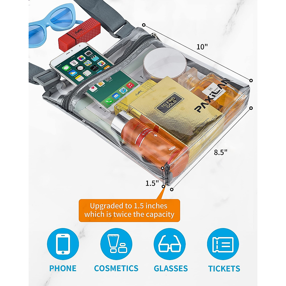 Clear Bag Stadium Approved PVC Clear Purse Clear Crossbody Bag with Adjustable Strap Upgraded Capacity Perfect for Concert Work Sports Festivals Grey